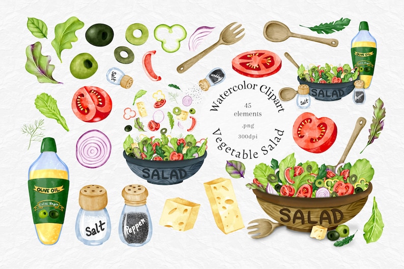 Watercolor Salad Clipart: 50 PNG Healthy Food Illustrations (commercial ...