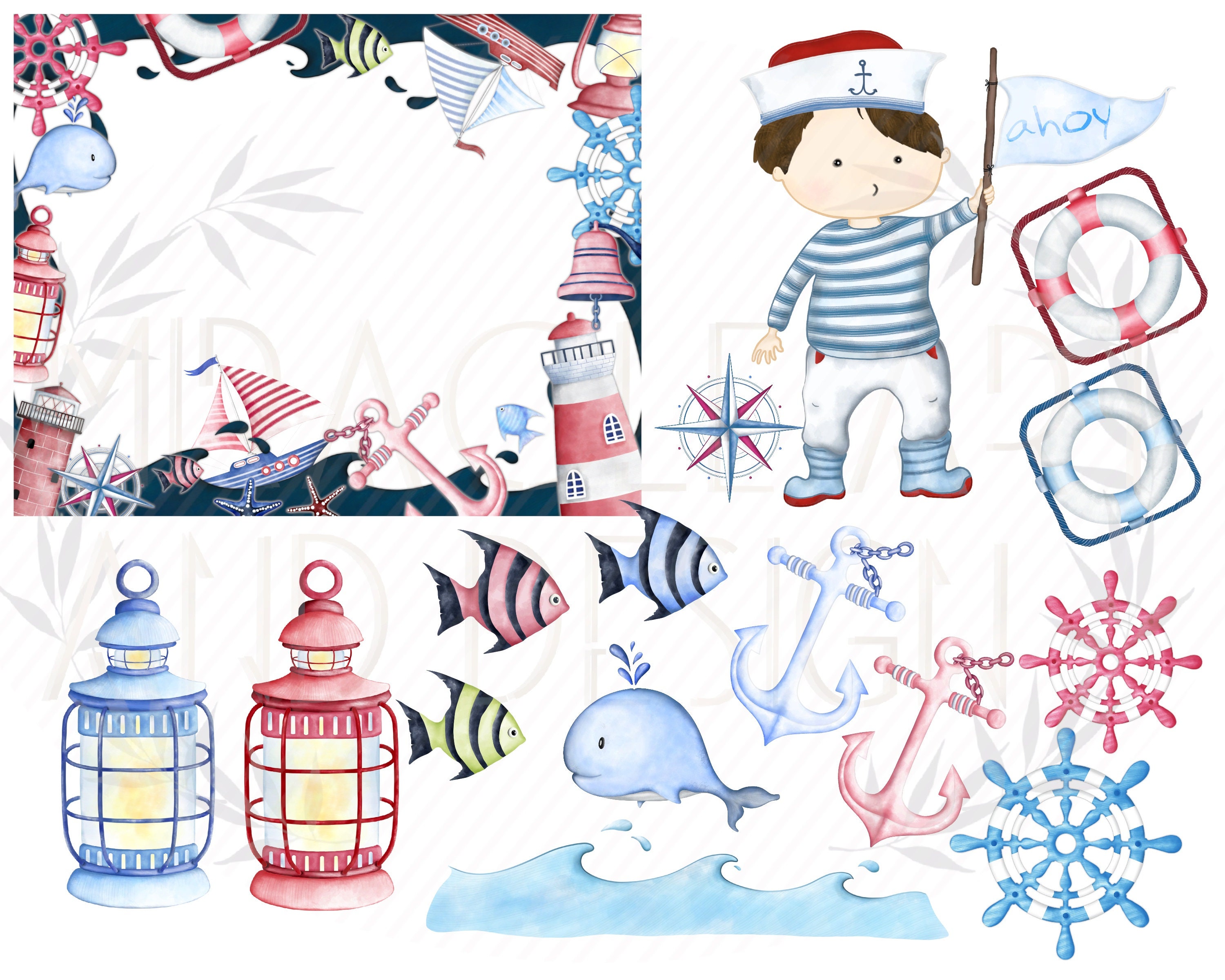 Nautical Kids Clipartwatercolor Summer Clipartlighthouse | Etsy