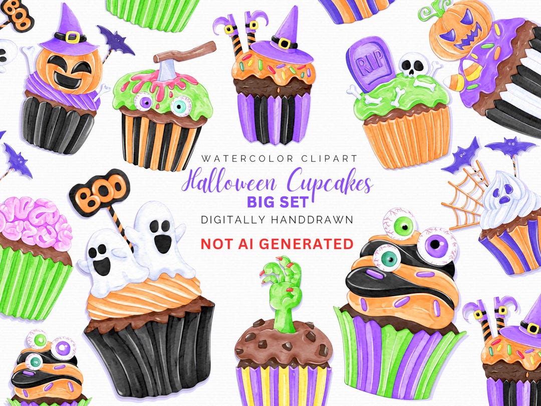 Watercolor Halloween Cupcakes Clipart, Spooky Dessert Clipart, Trick or ...