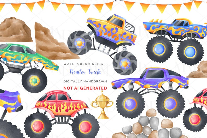 Watercolor Monster Trucks Clipart: Off-road Racing PNG (digital ...