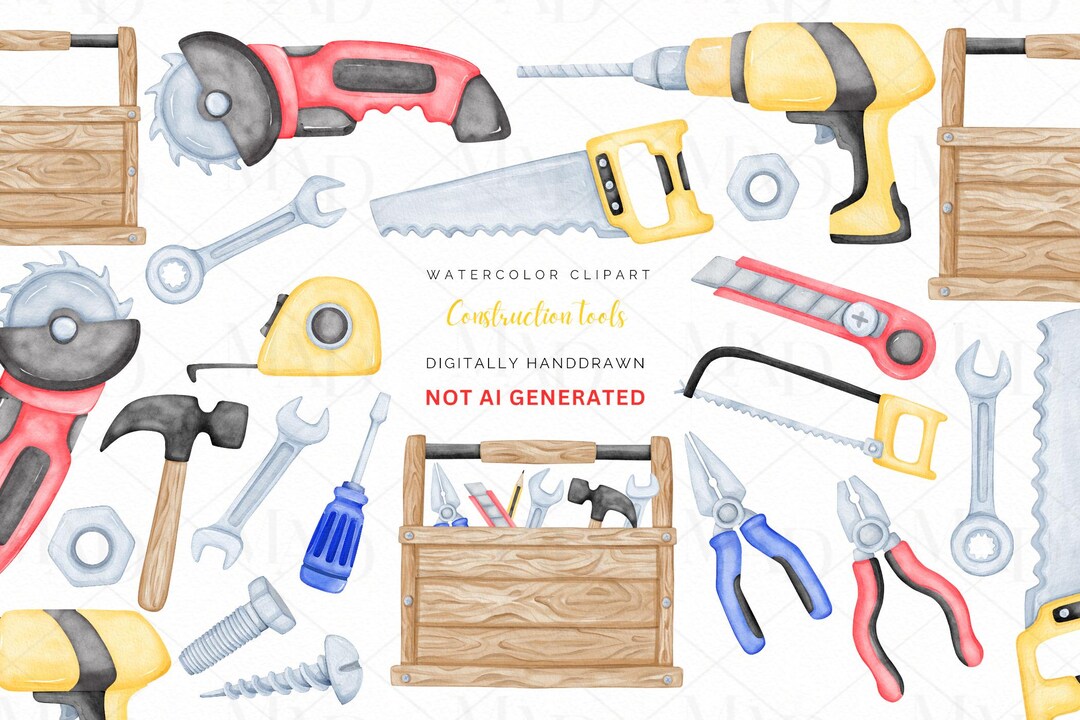 Watercolor Construction Tools Clipart Set: Hand-drawn PNG Images ...