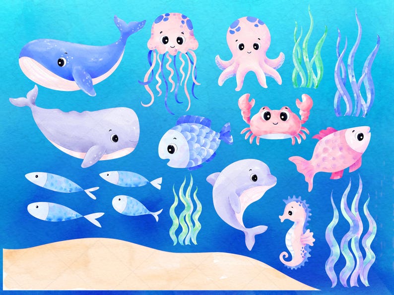 Watercolor Ocean Animals Clipart, Under Water Clip Art, Octopus, Shark ...