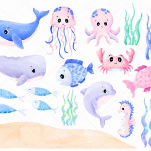 Watercolor Ocean Animals Clipart: Sea Life PNG Graphics (digital ...