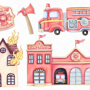 Watercolor Fire Truck Clipart, Fire Fighter Clipart, Fireman Clipart ...
