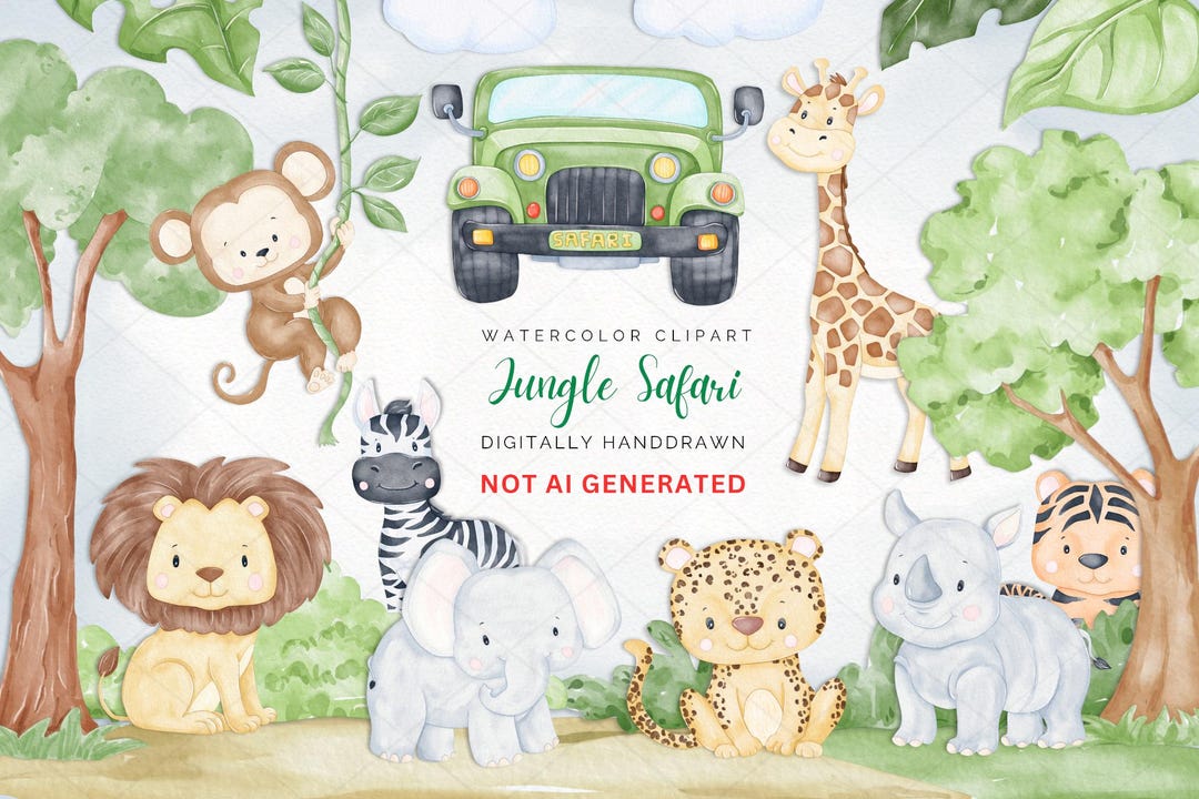 Watercolor Jungle Safari Animals Clipart: Hand-drawn PNG Bundle ...
