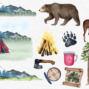 Watercolor Camping Clip Art, Summer Outdoor Woodland Adventure Travel ...