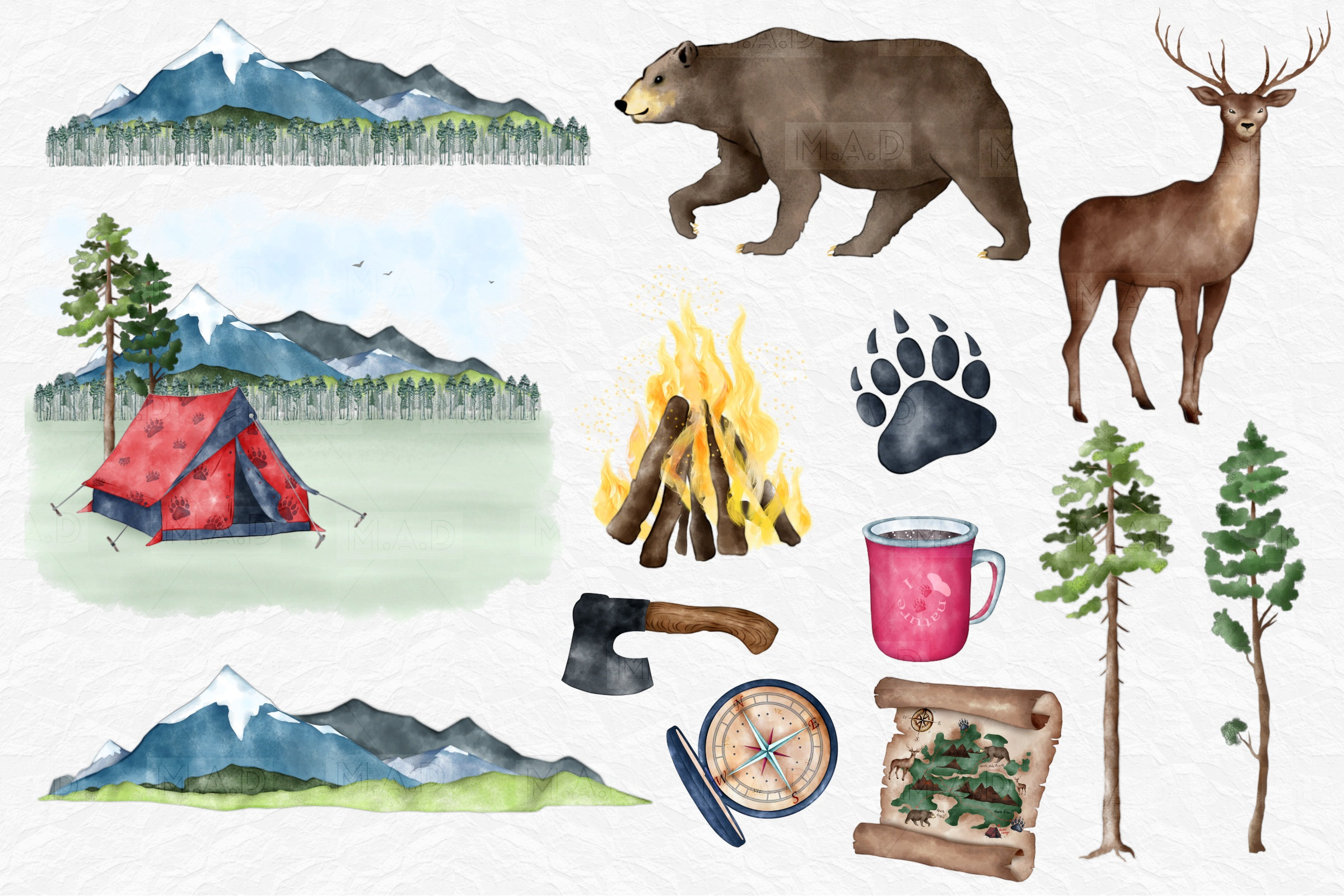 Watercolor Camping Clip Art Summer Outdoor Woodland Adventure - Etsy