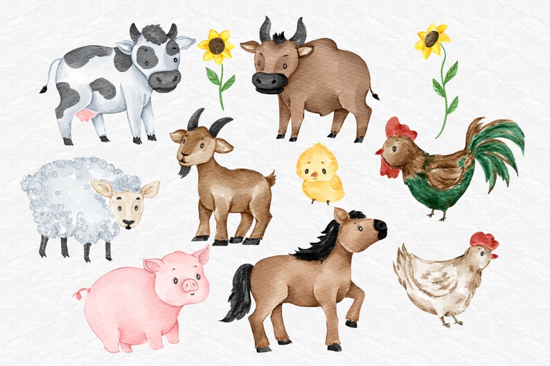 Watercolor Farm Animals Clipart Cute Farm Animal Clip Art | Etsy