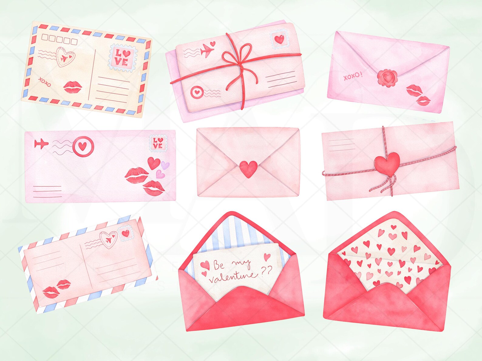Valentine's Day Mail Clipart: Watercolor Love Letters (PNG Digital ...