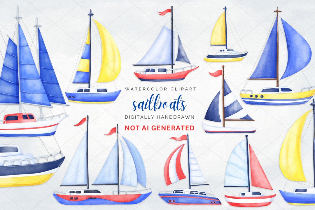 Watercolor Sailboats Clipart, Tropical Summer Sail Boats Clipart Bundle ...