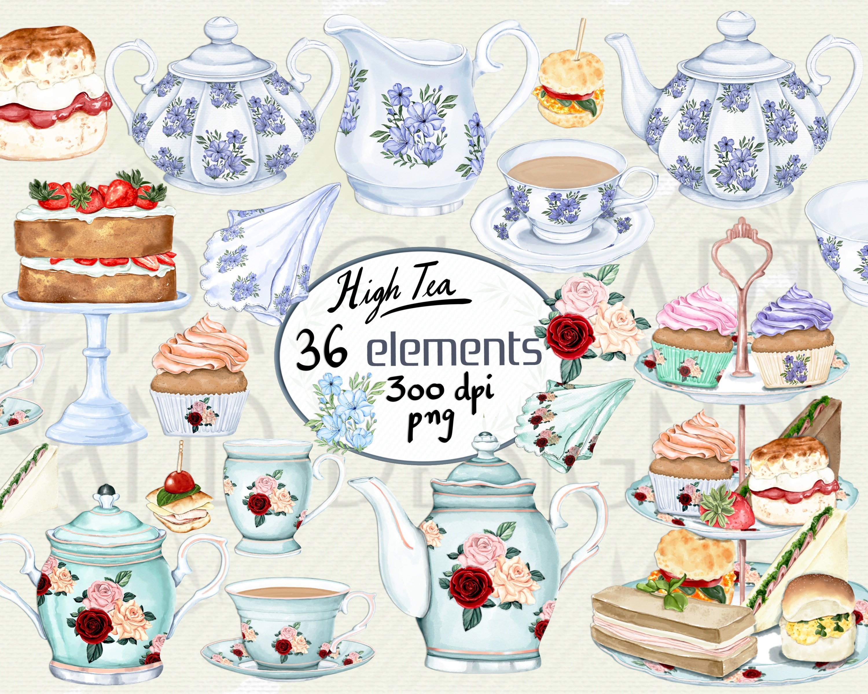 Watercolor Tea Party Clipart High Tea Time clip art Vintage | Etsy