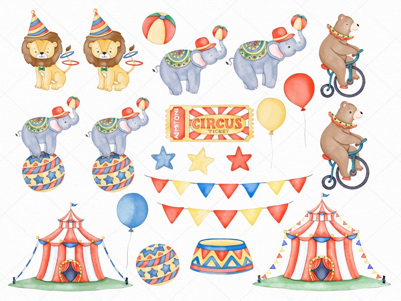Watercolor Circus Clipart, Cute Circus Animals Clip Art, Circus Lion ...