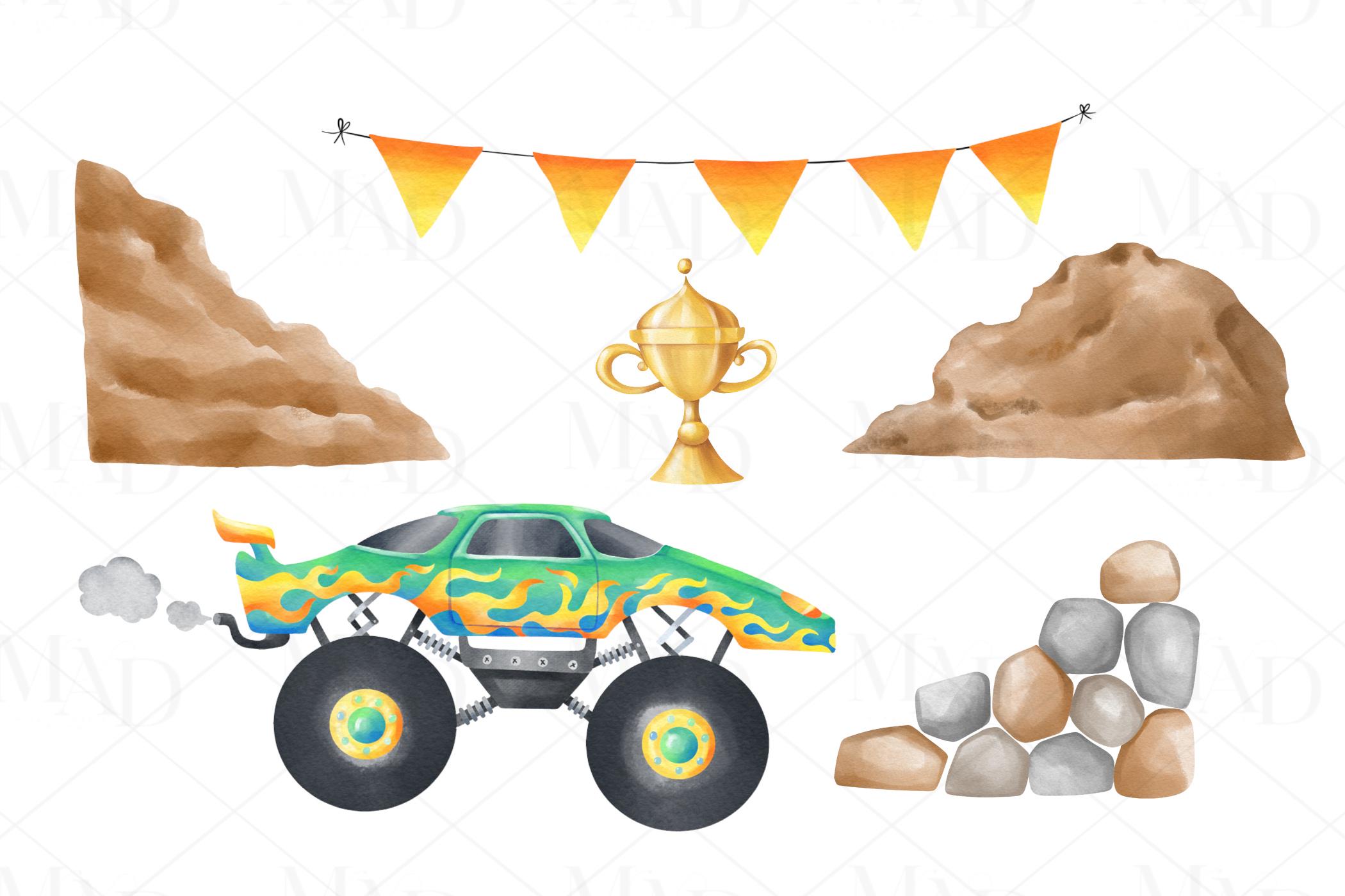 Watercolor Monster Trucks Clipart: Off-road Racing PNG (digital ...