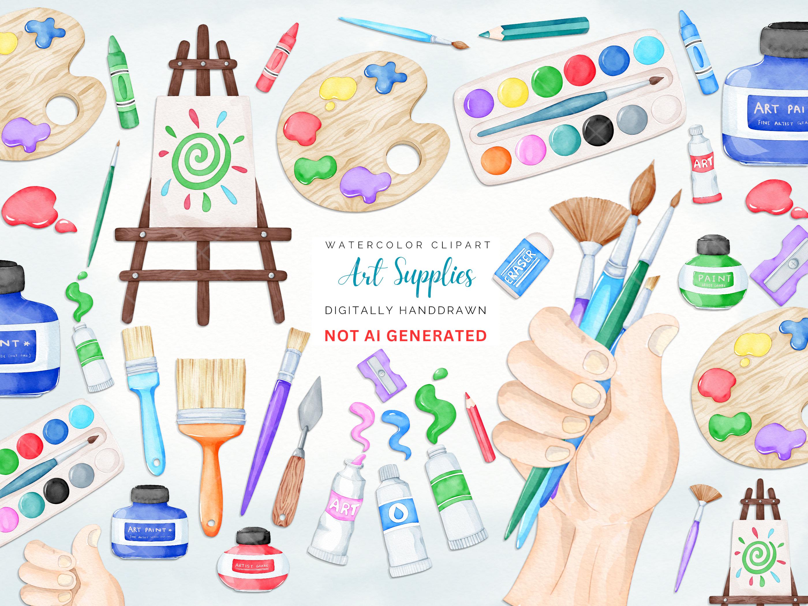 Watercolor Art Supplies Clipart Bundle: Hand-drawn PNG Images (digital ...