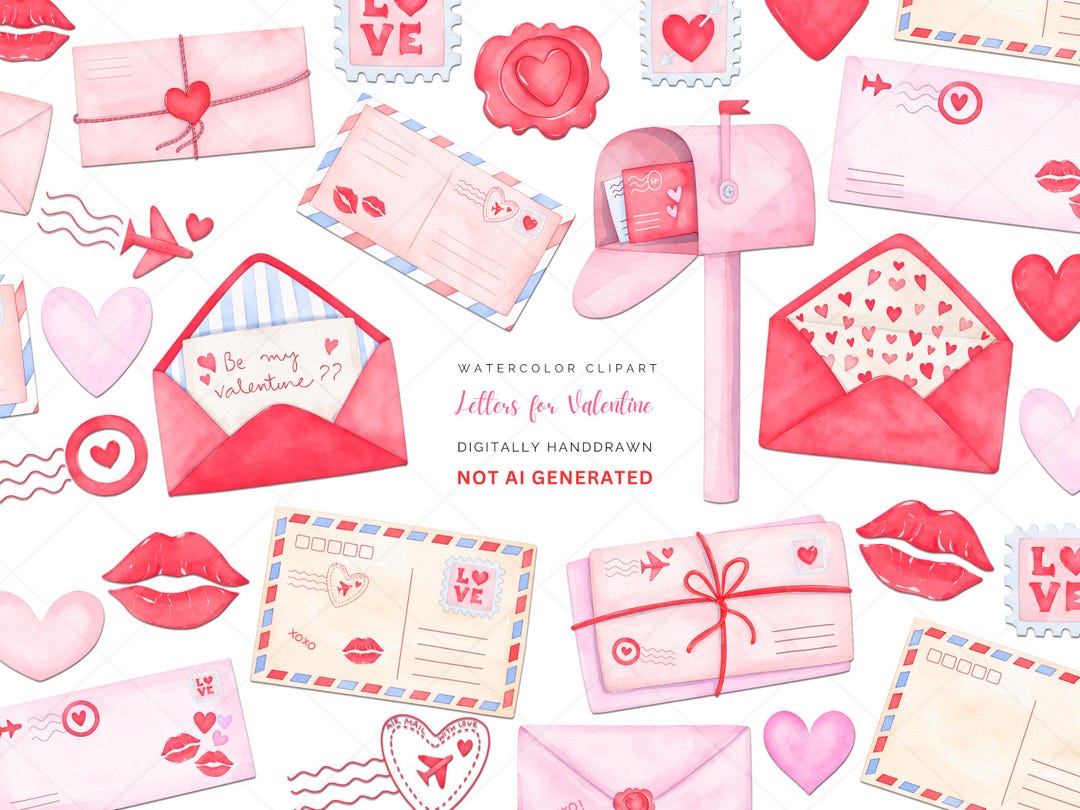 Valentine's Day Mail Clipart: Watercolor Love Letters (PNG Digital ...