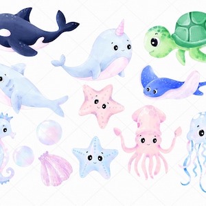 Watercolor Ocean Animals Clipart: Sea Life PNG Graphics (digital ...