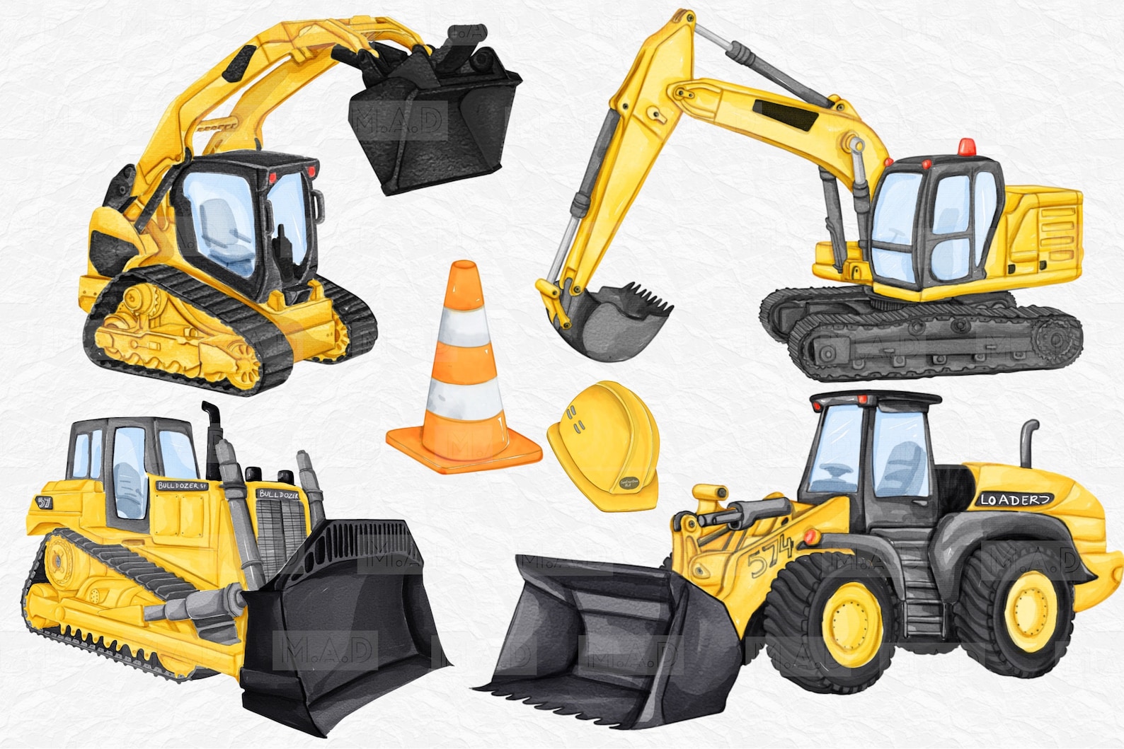 Watercolor Construction Vehicle Clipart: Truck, Excavator, Digger (PNG ...