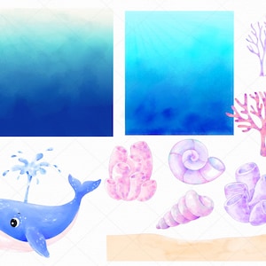 Watercolor Ocean Animals Clipart: Sea Life PNG Graphics (digital ...
