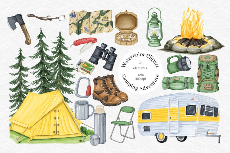 Watercolor Camping Clipart Bundle: Adventure Tent, Forest PNG ...