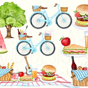 Summer Picnic Clipart,watercolor Barbecue BBQ Party Clipart,bicycle ...