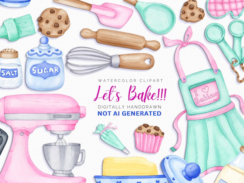 Watercolor Baking Clipart, Baking Supplies Clipart, Cute Baker, Bakery ...