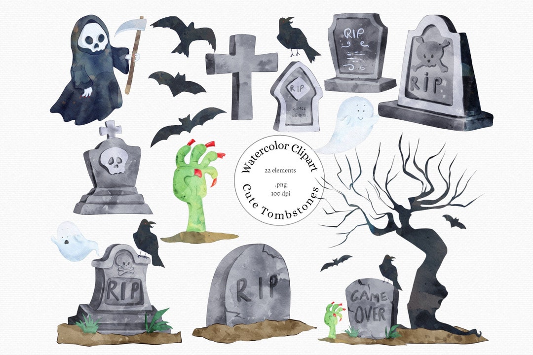 Watercolor Halloween Clipart, Tombstone Clipart, Graveyard, Ghost ...
