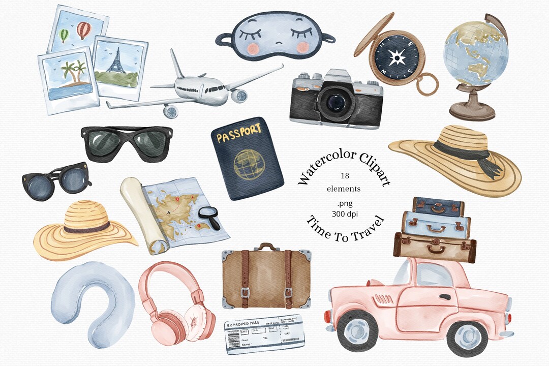 Watercolor Travel Clipart: Summer Vacation Graphics (PNG Digital ...