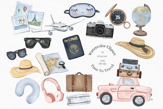 Watercolor Travel Clipart Summer Vacation Clipart Summer | Etsy