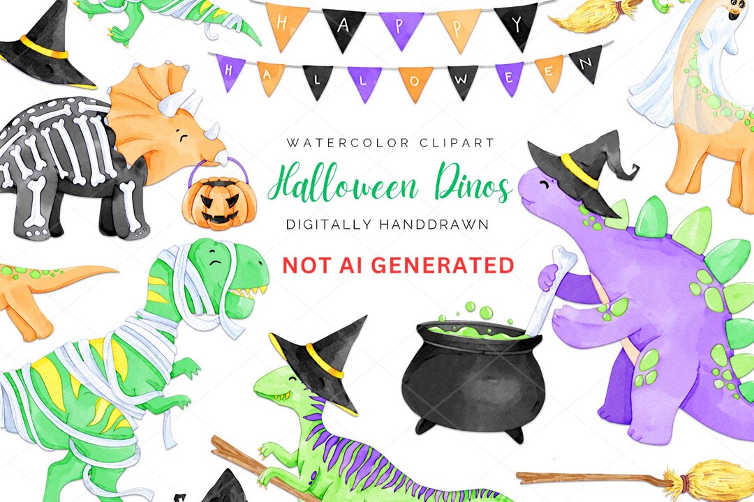 Watercolor Halloween Dinosaur Clipart: Spooky Trick-or-treating Dinos ...