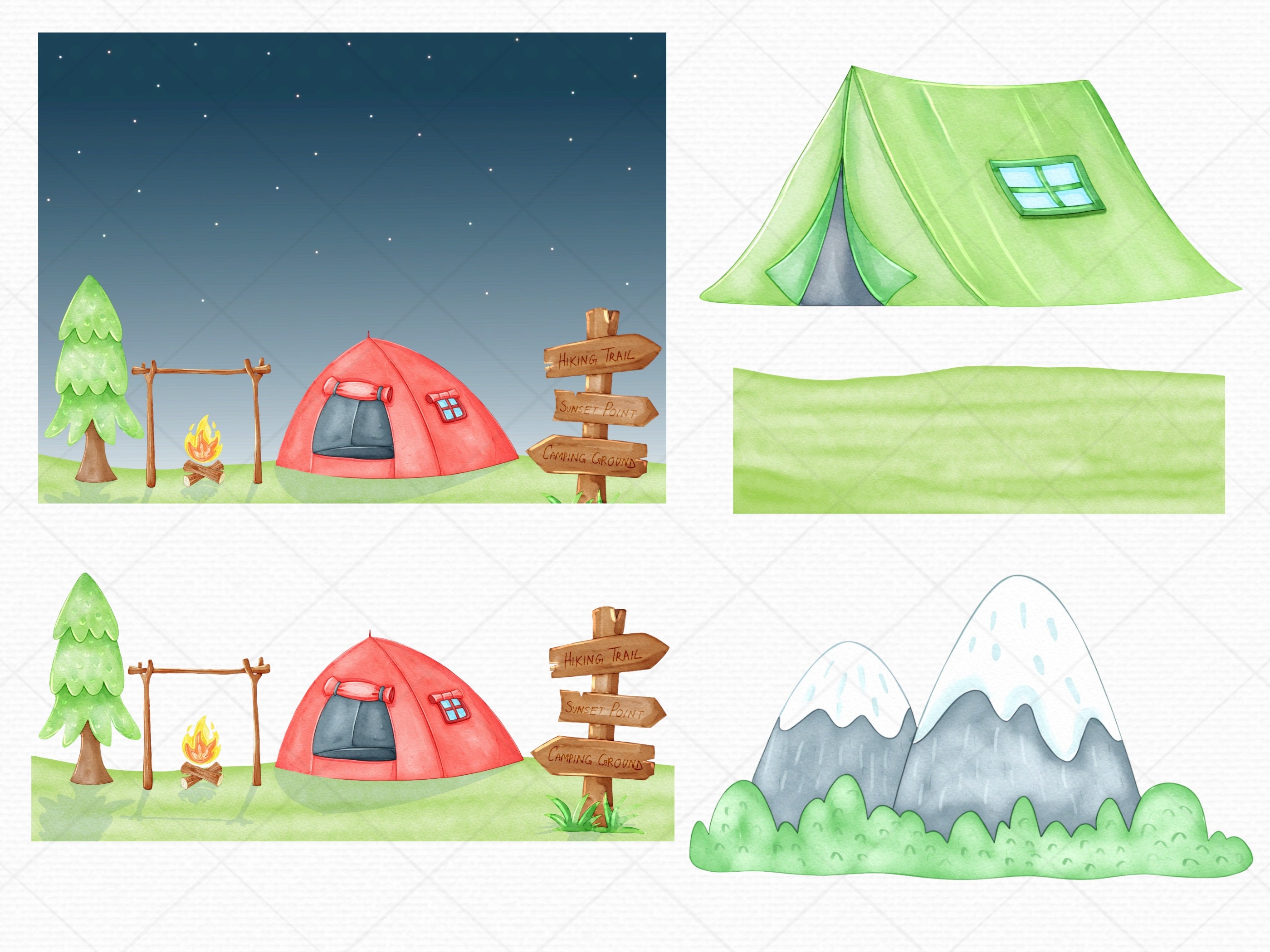 Watercolor Camping Clipart Bundle: Summer Campfire PNG Files (digital ...