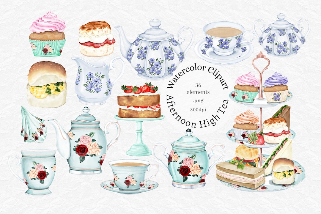 Watercolor Tea Party Clipart: Vintage Teapots, Cups (digital Download ...
