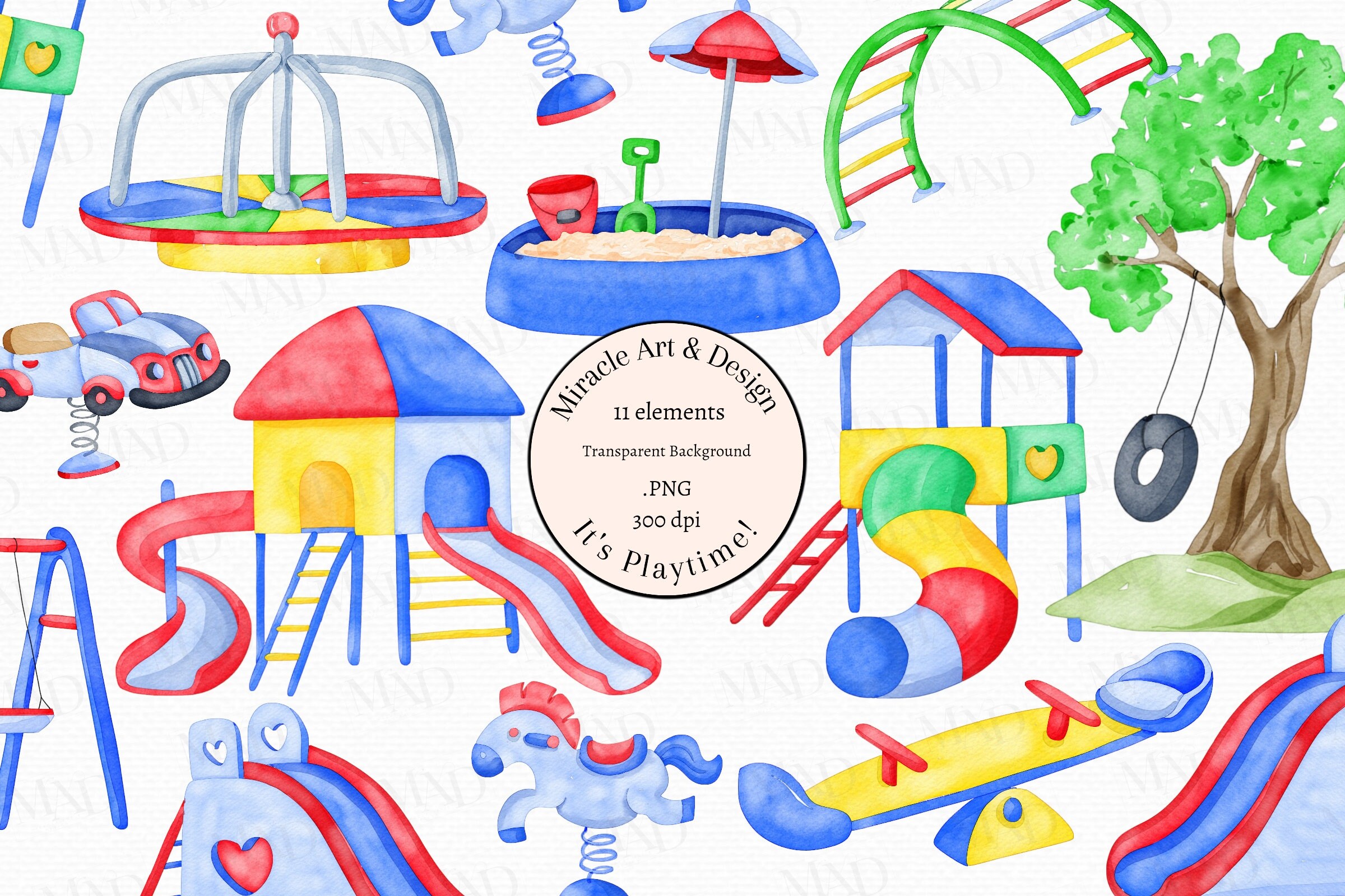 Watercolor Playground Clipart PNG: Kids Swings, Slides (digital ...