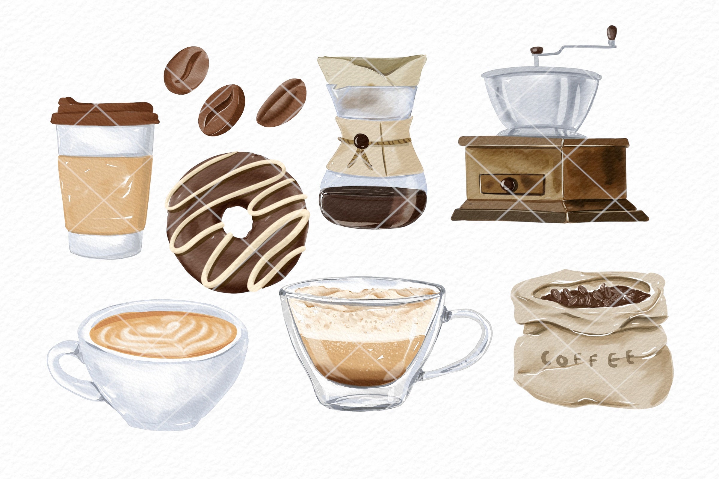Watercolor Coffee Clipart Set: Cafe Drinks, Beans, and Supplies (PNG ...