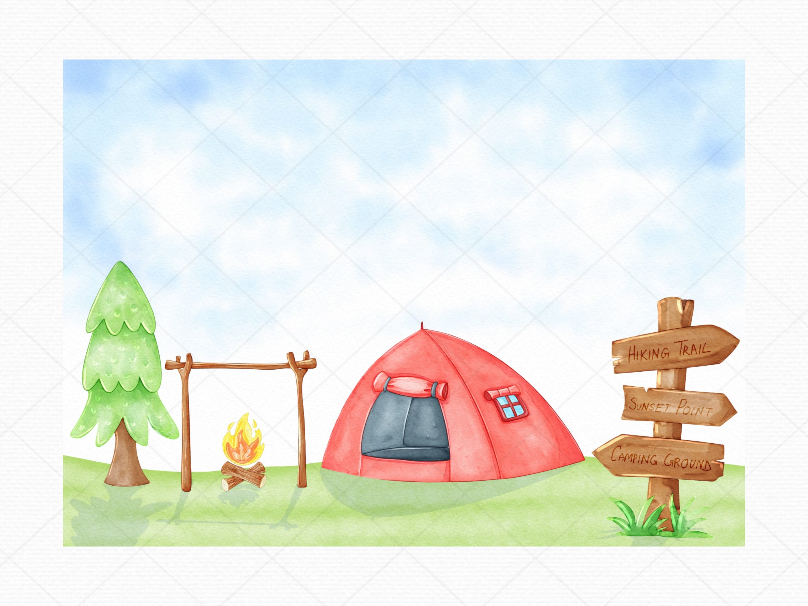 Watercolor Camping Clipart Bundle: Summer Campfire PNG Files (digital ...