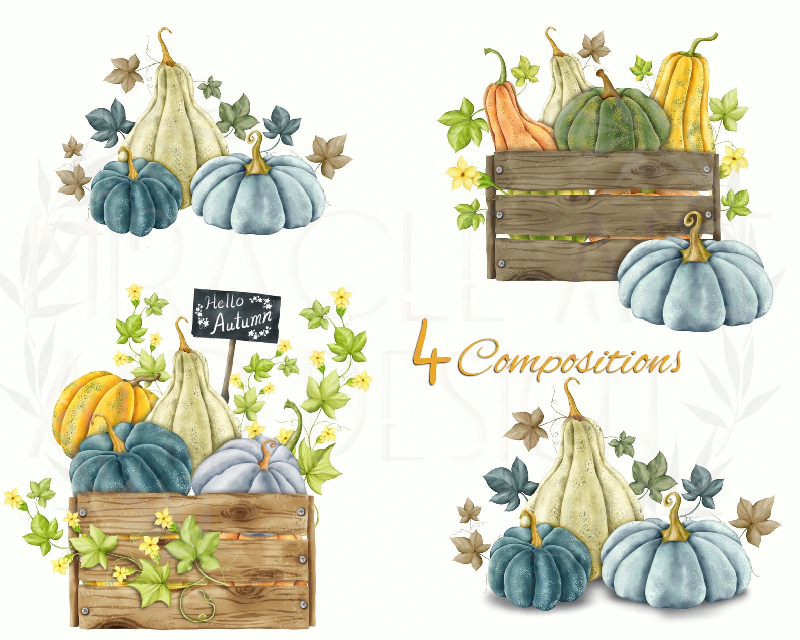 Watercolor Fall Clipart Pumpkin Clipart Fall Harvest Autumn - Etsy