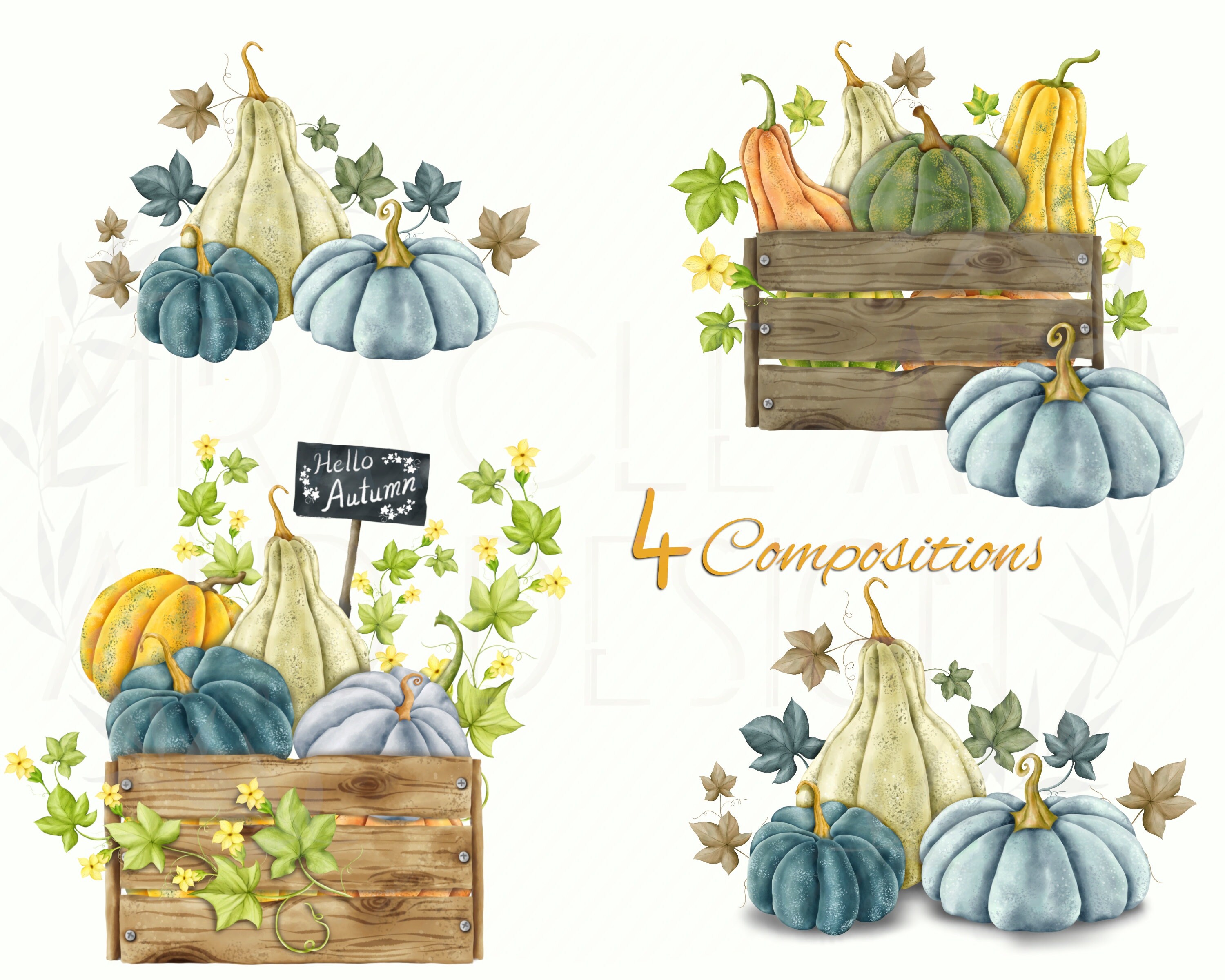Watercolor Fall Clipart Pumpkin Clipart Fall Harvest Autumn - Etsy