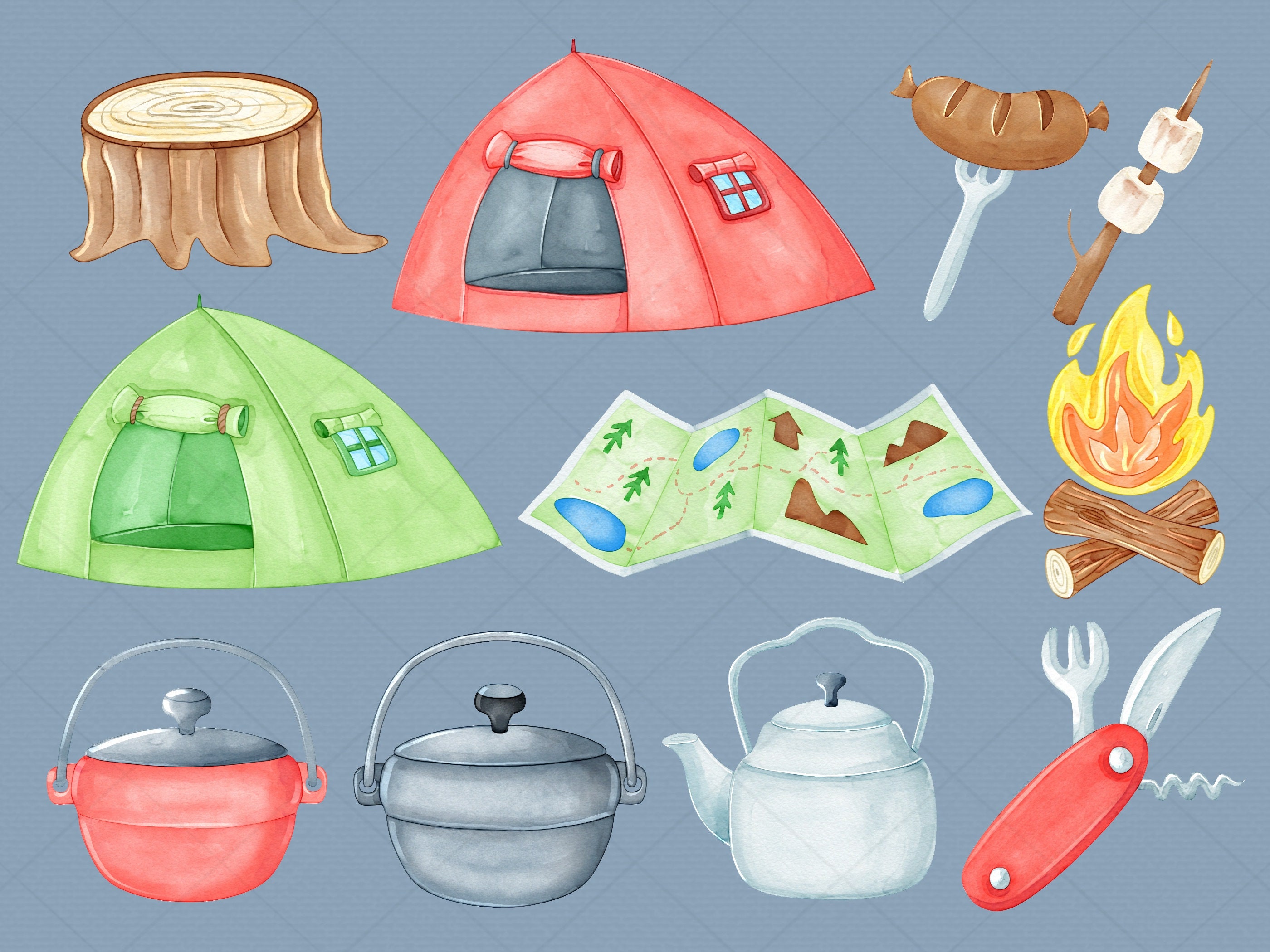 Watercolor Camping Clipart Bundle: Summer Campfire PNG Files (digital ...