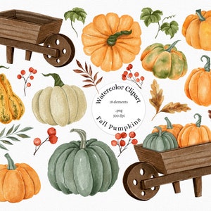 Pumpkins Clipart, Fall Pumpkins Clip Art, Fall Harvest, Watercolor ...