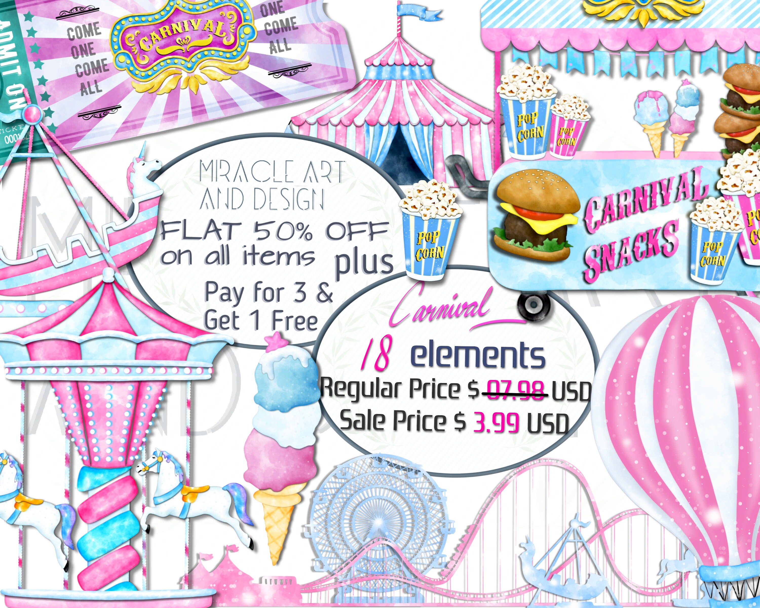 Carnival Watercolor Clip artFun FairAdventureAmusement | Etsy