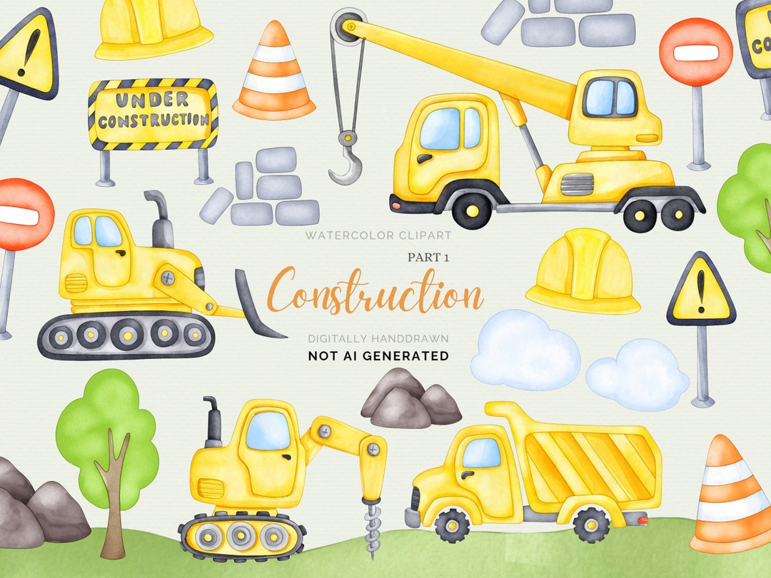 Watercolor Construction Vehicle Clipart: Dump Truck, Crane, Bulldozer ...