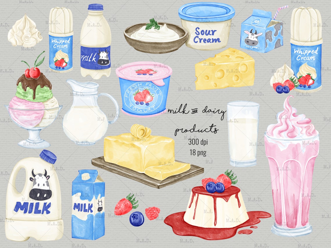 Watercolor Dairy Clipart: Milk, Cheese, Yogurt Graphics (PNG Digital ...