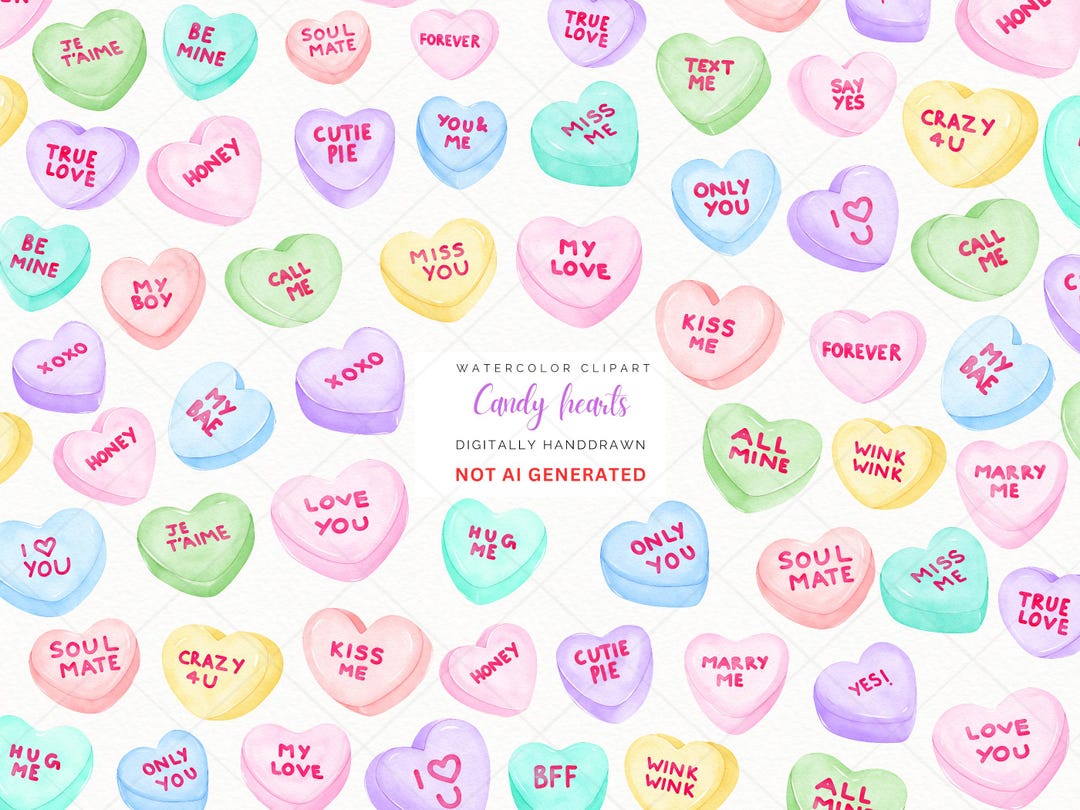 Conversation Heart Candy Watercolor Clipart: Valentine's Day PNG ...