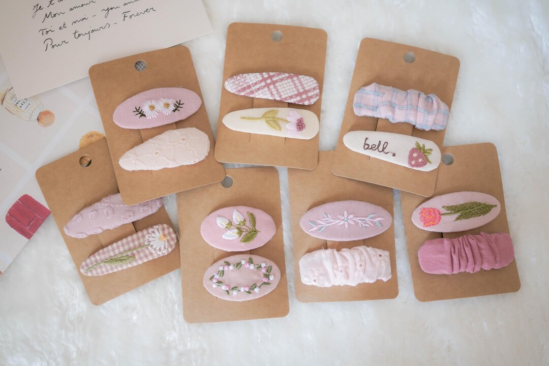 Handmade Embroidered Hair Clips (set of 2) – Pink Floral & Vintage ...