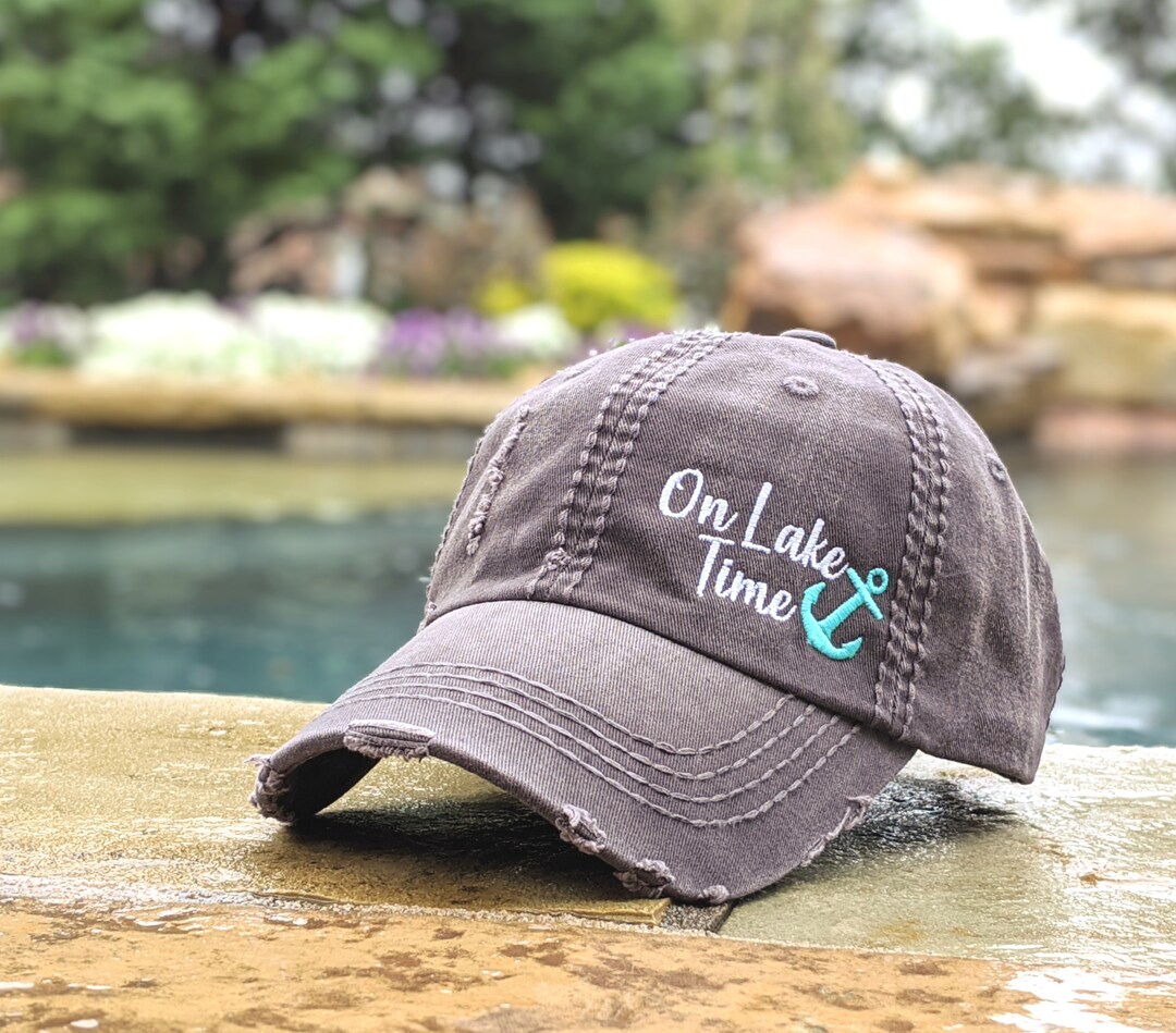 Women's 'on Lake Time' Embroidered Distressed Baseball Cap, Funny ...