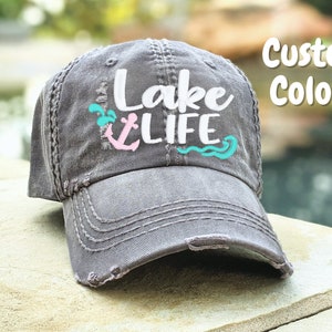 Lake Life Embroidered Baseball Cap: Women's Distressed Cotton Hat With ...