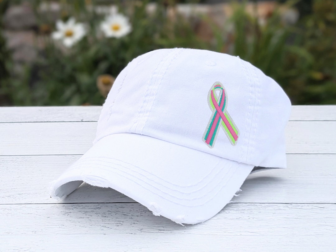 Embroidered Metastatic Breast Cancer Ribbon Hat: Distressed Cotton Cap ...