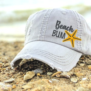 Embroidered Beach Bum Hat: Distressed Cotton Baseball Cap With Starfish ...
