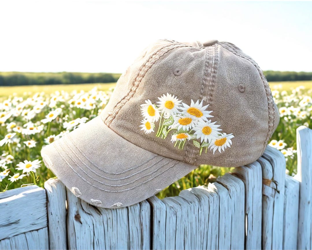 Embroidered Daisy Baseball Cap: Custom Floral Hat, Large Flowers Design ...