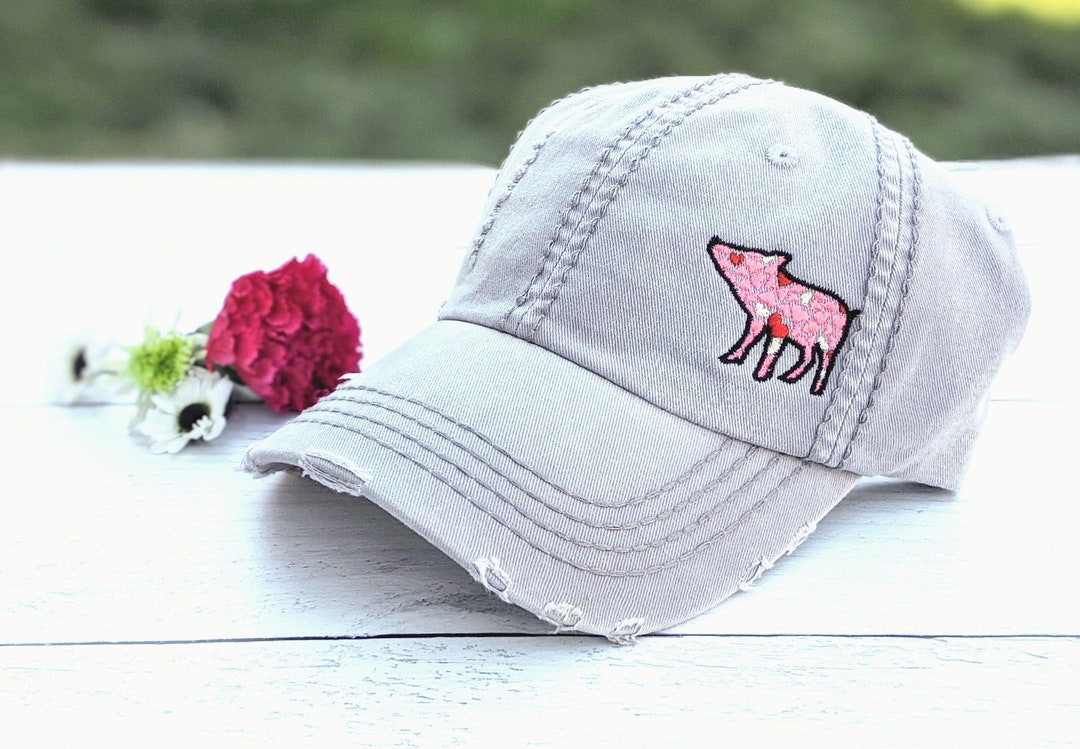 Pig With Hearts Baseball Cap Hat, Cute Sewn Pig Owner Lover I Love Pigs ...