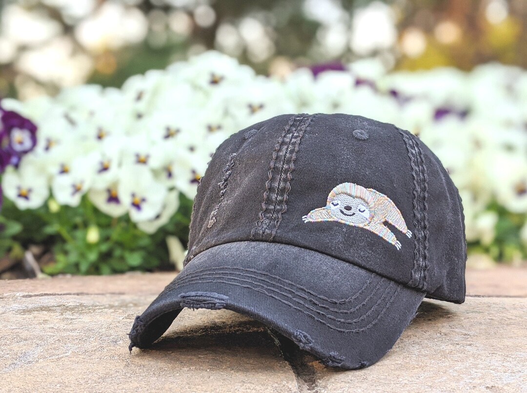 Embroidered Sloth Baseball Cap: Women's Distressed Cotton Hat, Colorful ...